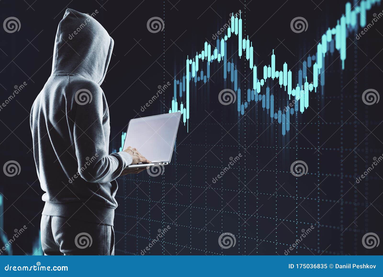 Hacker Holding Laptop with Finance and Data Protection Interface Stock ...