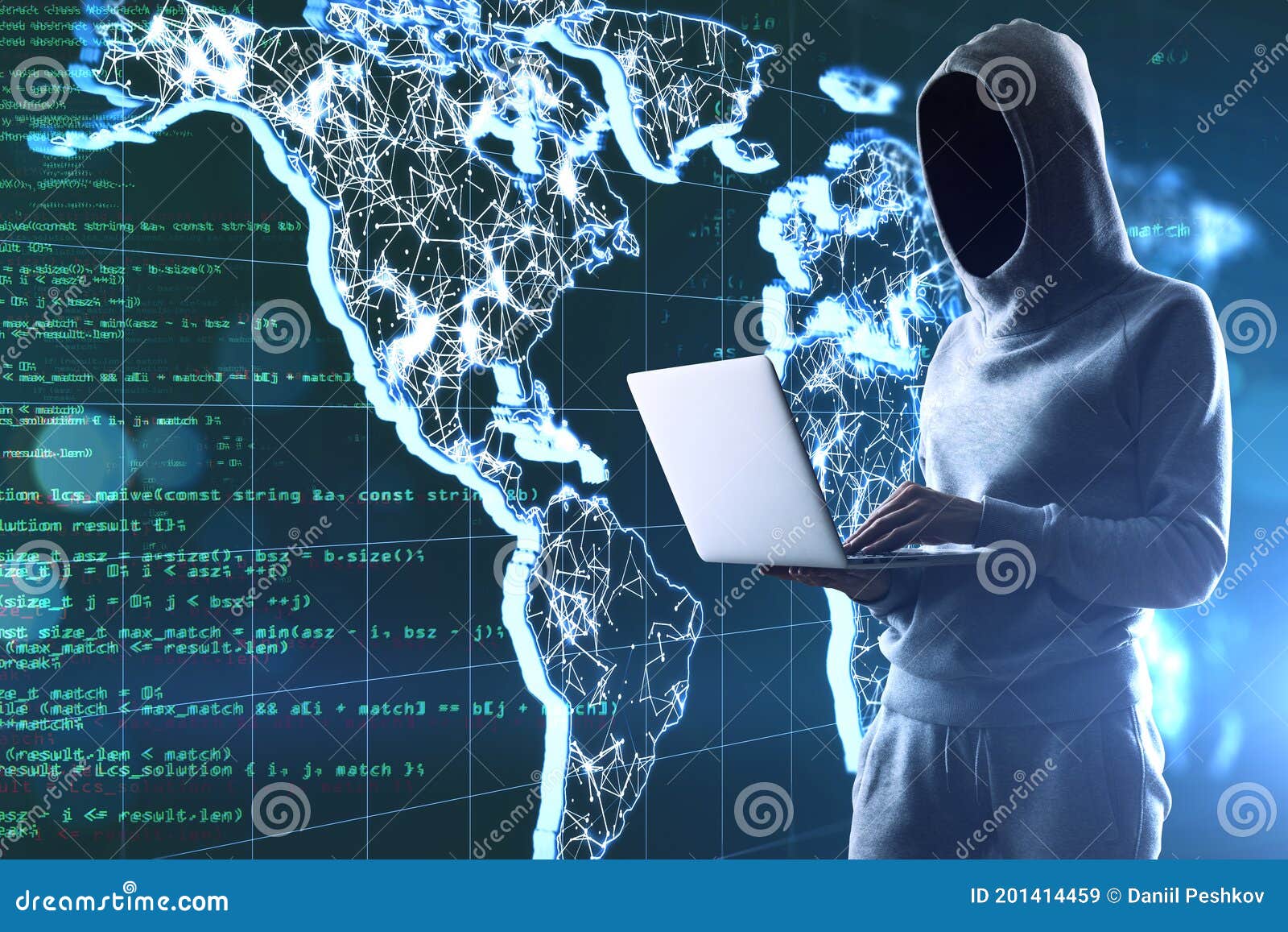 Hacker Holding Laptop and Glowing World Map Stock Image - Image of ...