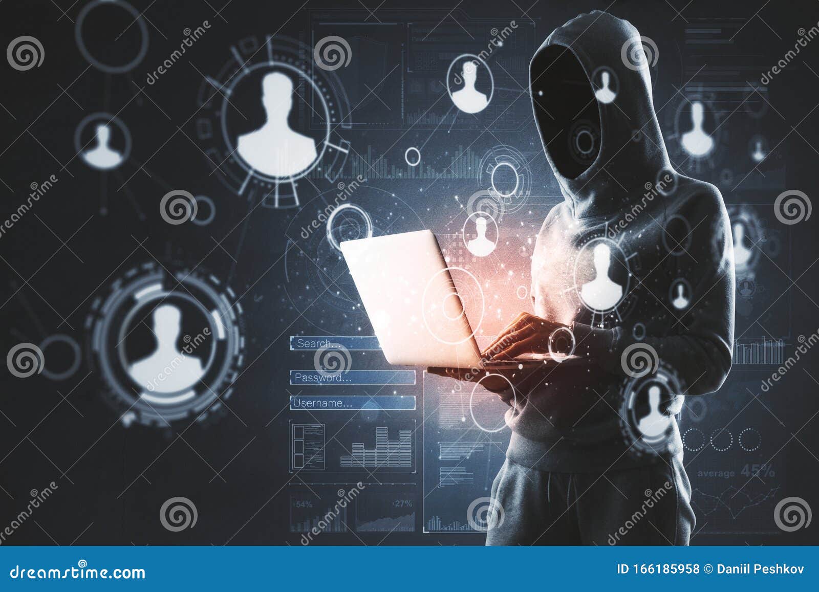 Hacker Holding A Laptop And Tendering His Arm In A Data Center Royalty ...