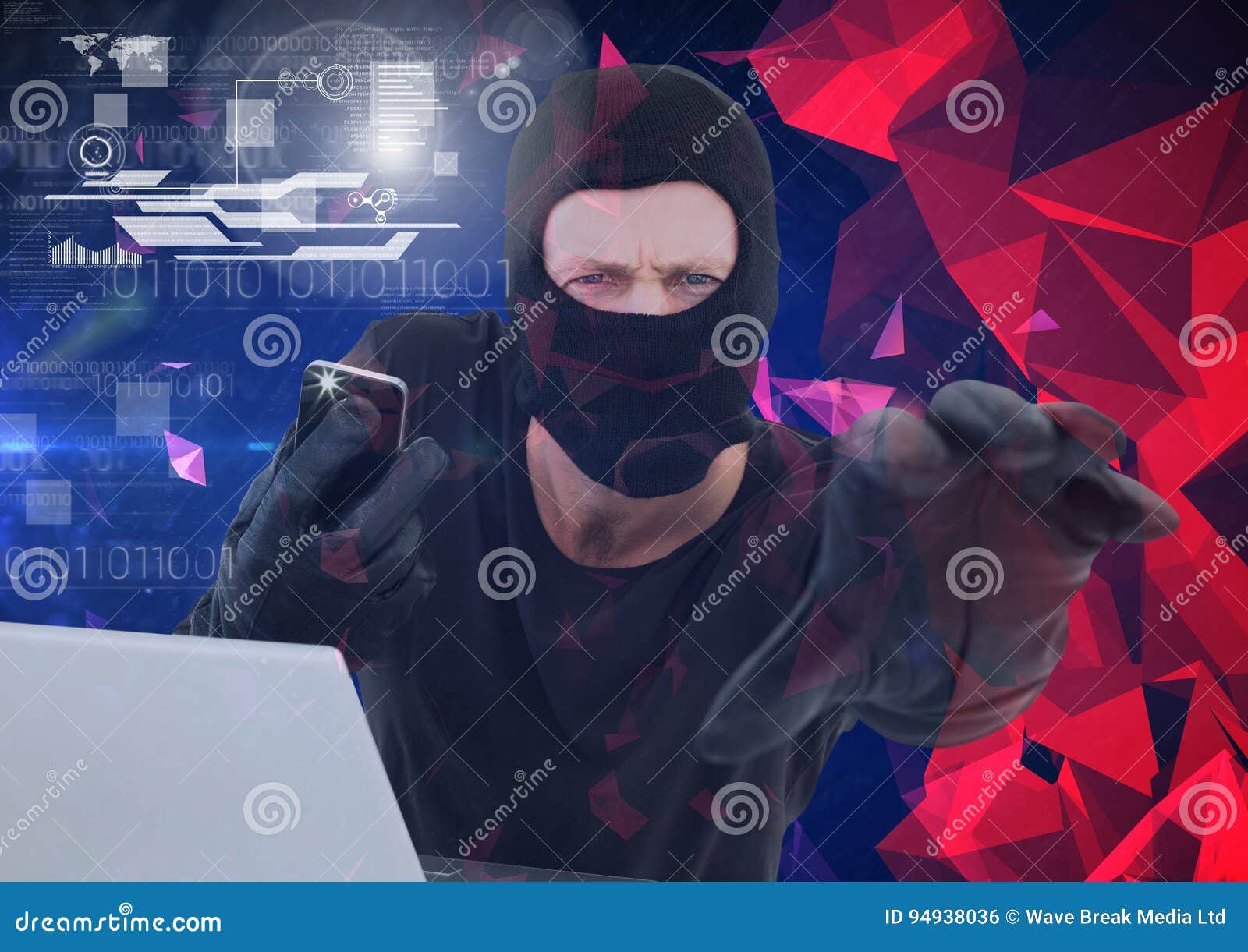 Hacker Holding A Laptop And Tendering His Arm In A Data Center Royalty ...