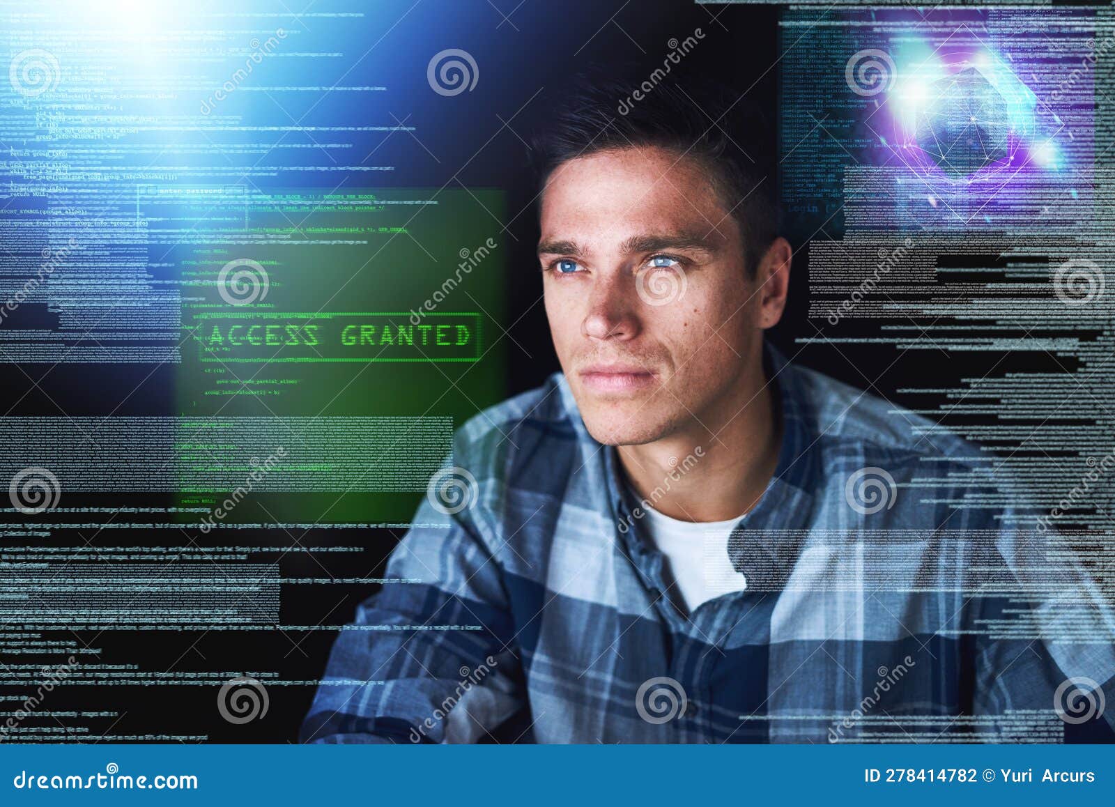 Hacker Hologram And Man With Focus Database And Digital Software With Cyber Security Coding