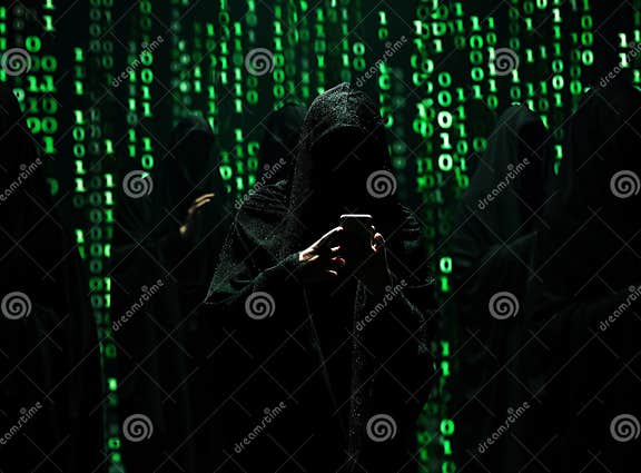 Hacker in Hood Against Binary Code Background, Silhouette, Computer Crime Concept Generative AI ...