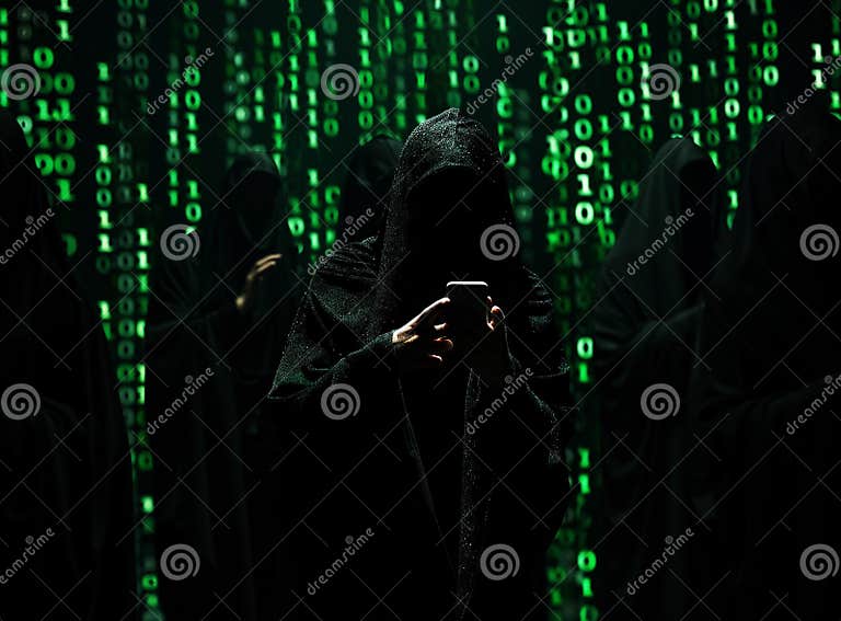 Hacker in Hood Against Binary Code Background, Silhouette, Computer Crime Concept Generative AI ...