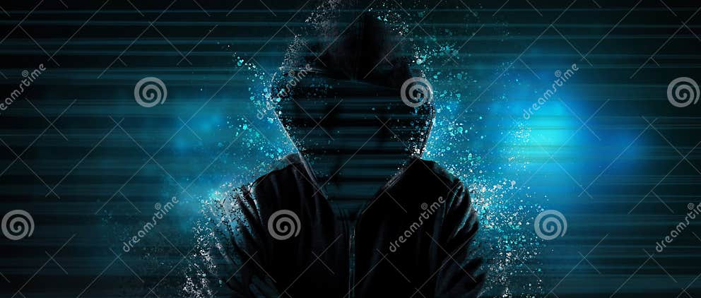 Hacker in the Hood on a Blue Background Stock Image - Image of ...