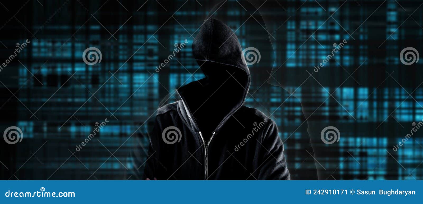 Hacker in the Hood on a Blue Background Stock Image - Image of theft ...