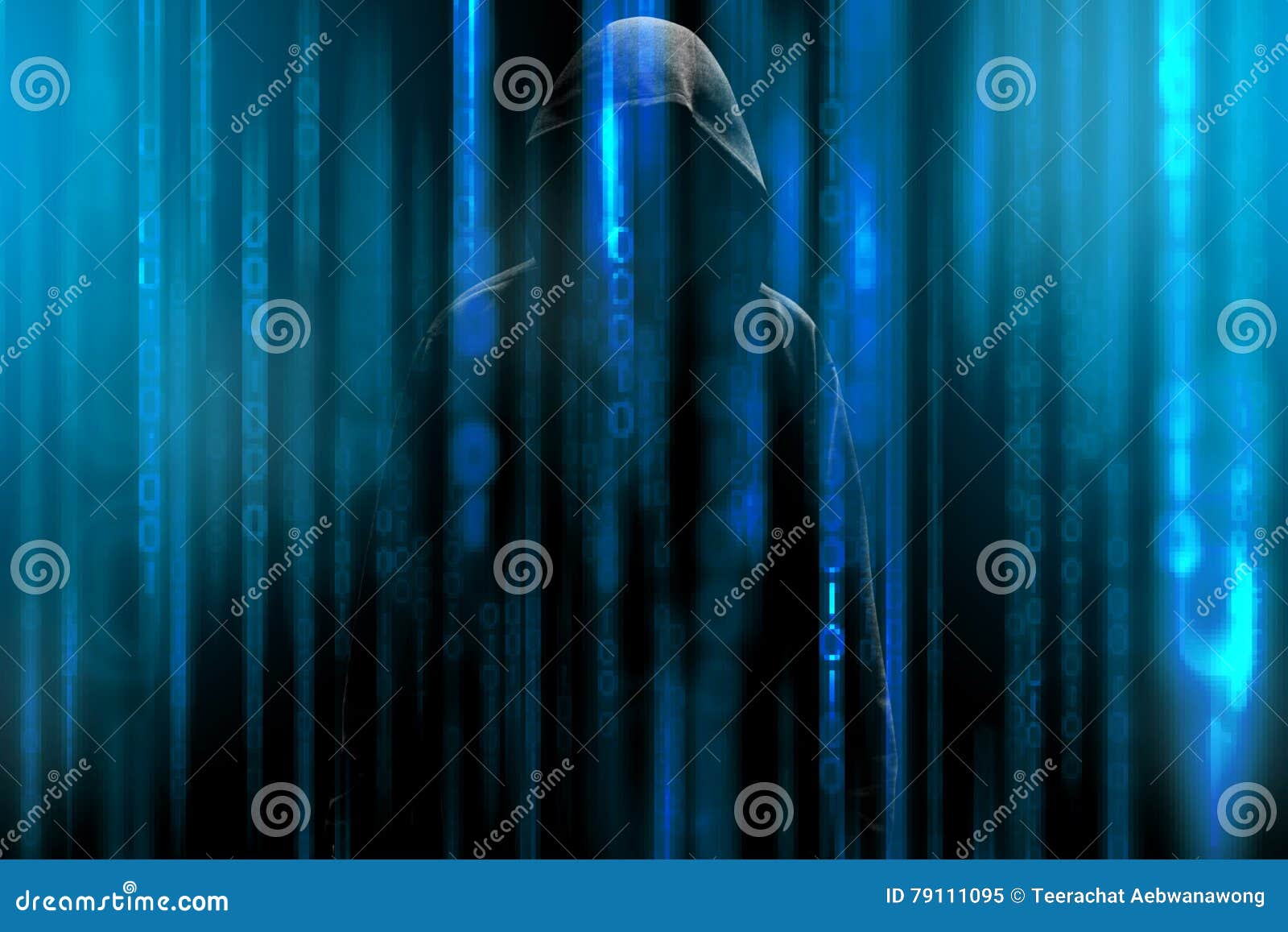 Hacker with a Hood and Blue Binary Code Matrix. Hacking the ...