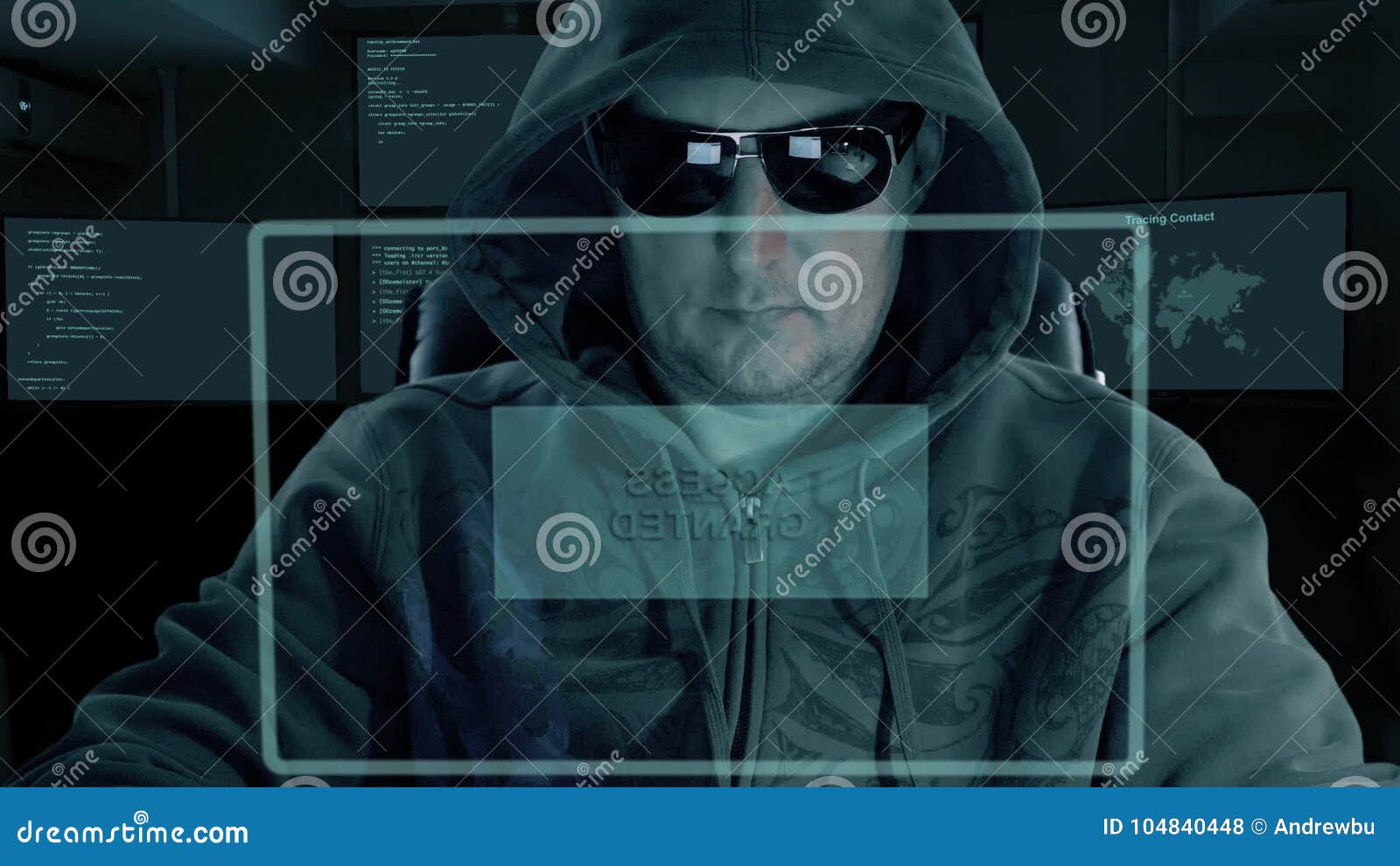 Hacker in Hood and Dark Glasses Sits in Front of Virtual Screen and ...
