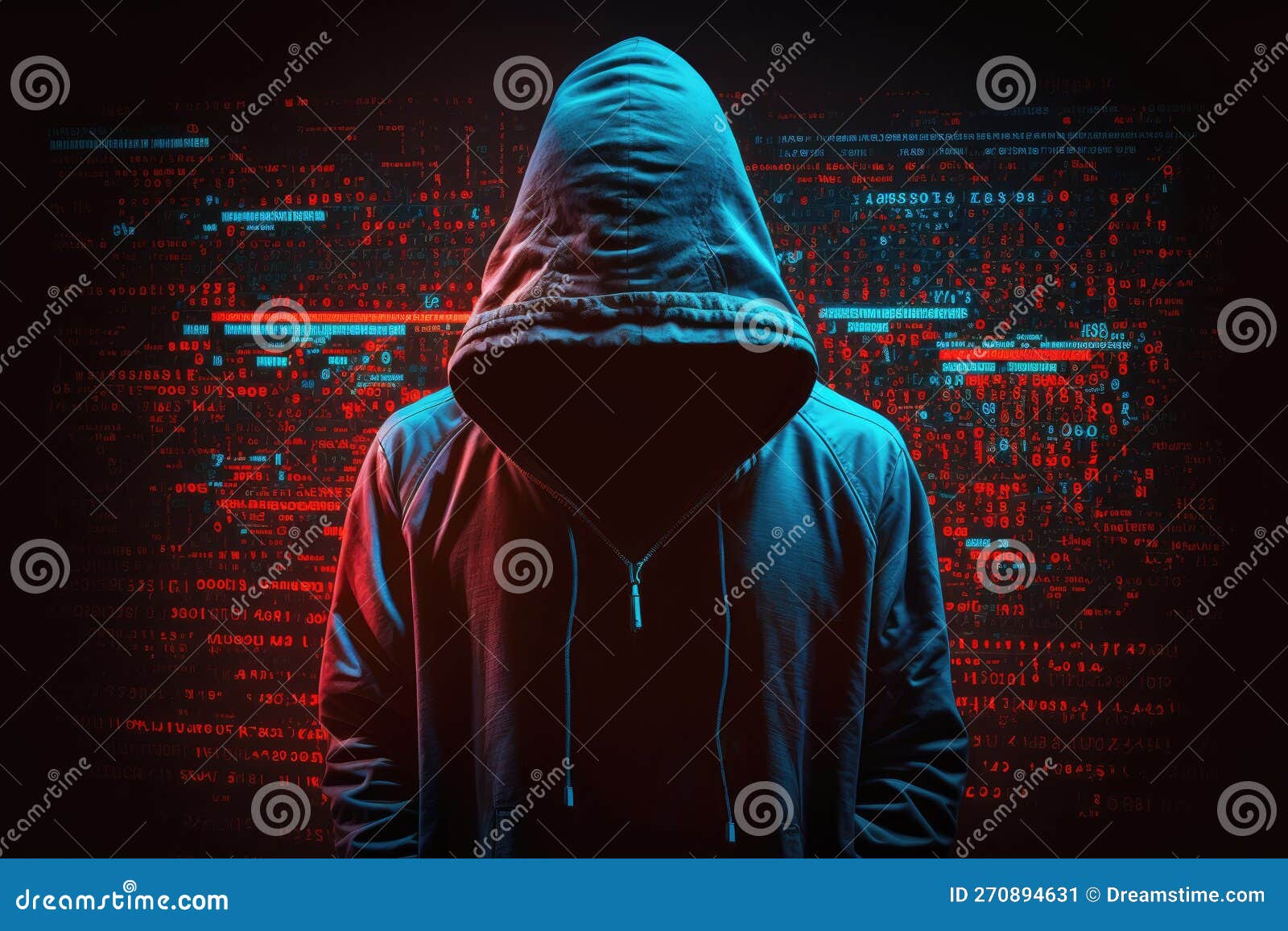 Hacker in a Hood with a Hidden Face Looks at the Screen of a Laptop ...