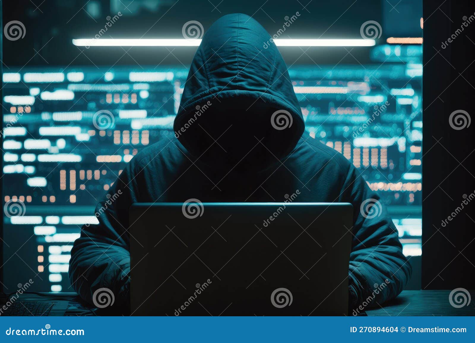 Hacker in a Hood with a Hidden Face Looks at the Screen of a Laptop ...