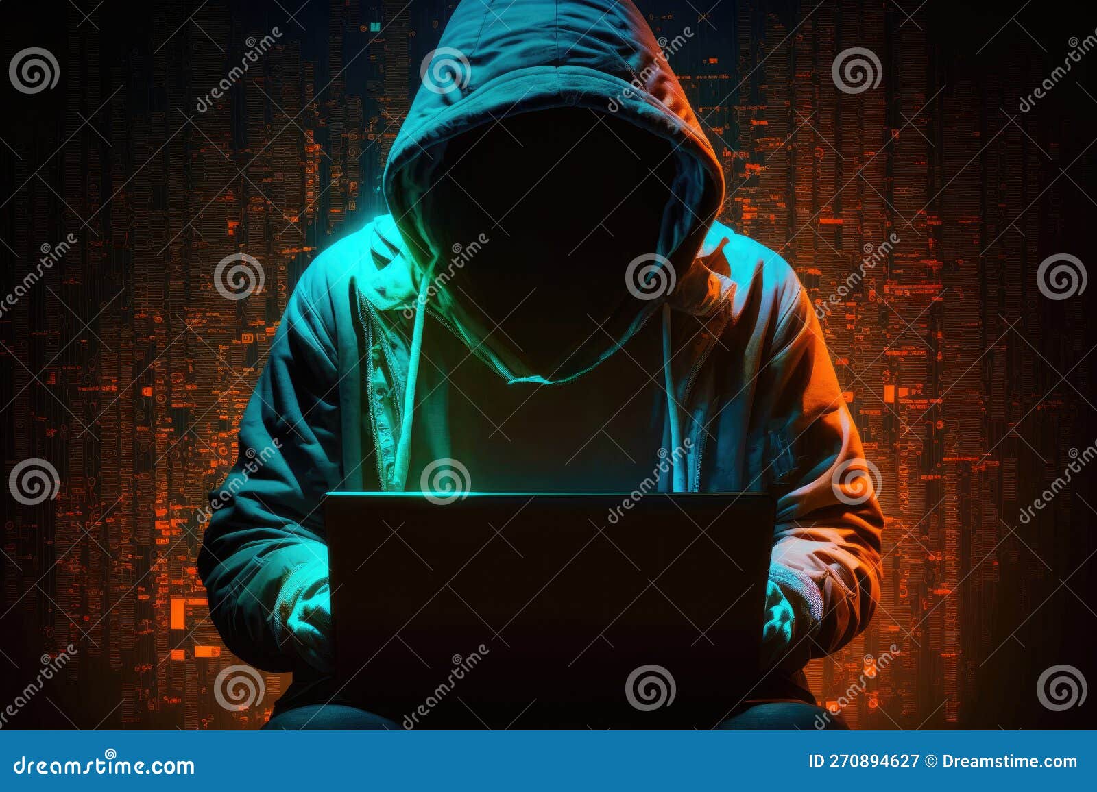 Hacker in a Hood with a Hidden Face Looks at the Screen of a Laptop ...