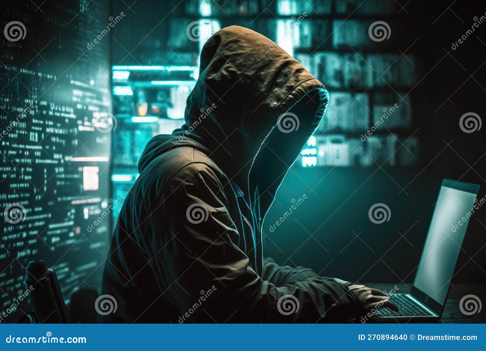 Hacker in a Hood with a Hidden Face Looks at the Screen of a Laptop ...