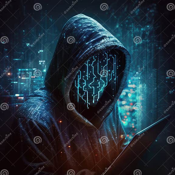 Hacker in a Hood with a Hidden Face Looks at the Tablet Pc Screen ...