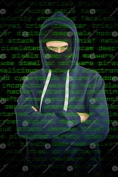 Hacker with Hood Isolated on Black Background with Binary Code in Front ...