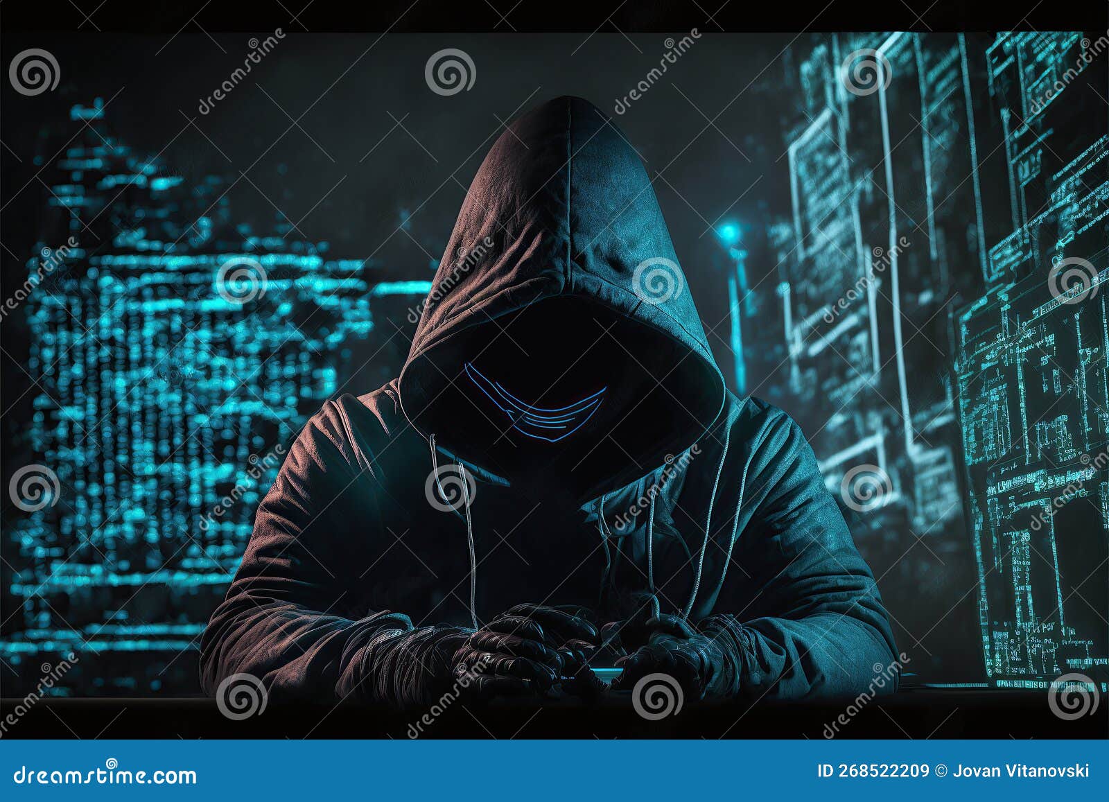 Hacker with Hood and Mask Sitting Next To Computer.Generative AI Stock Illustration ...