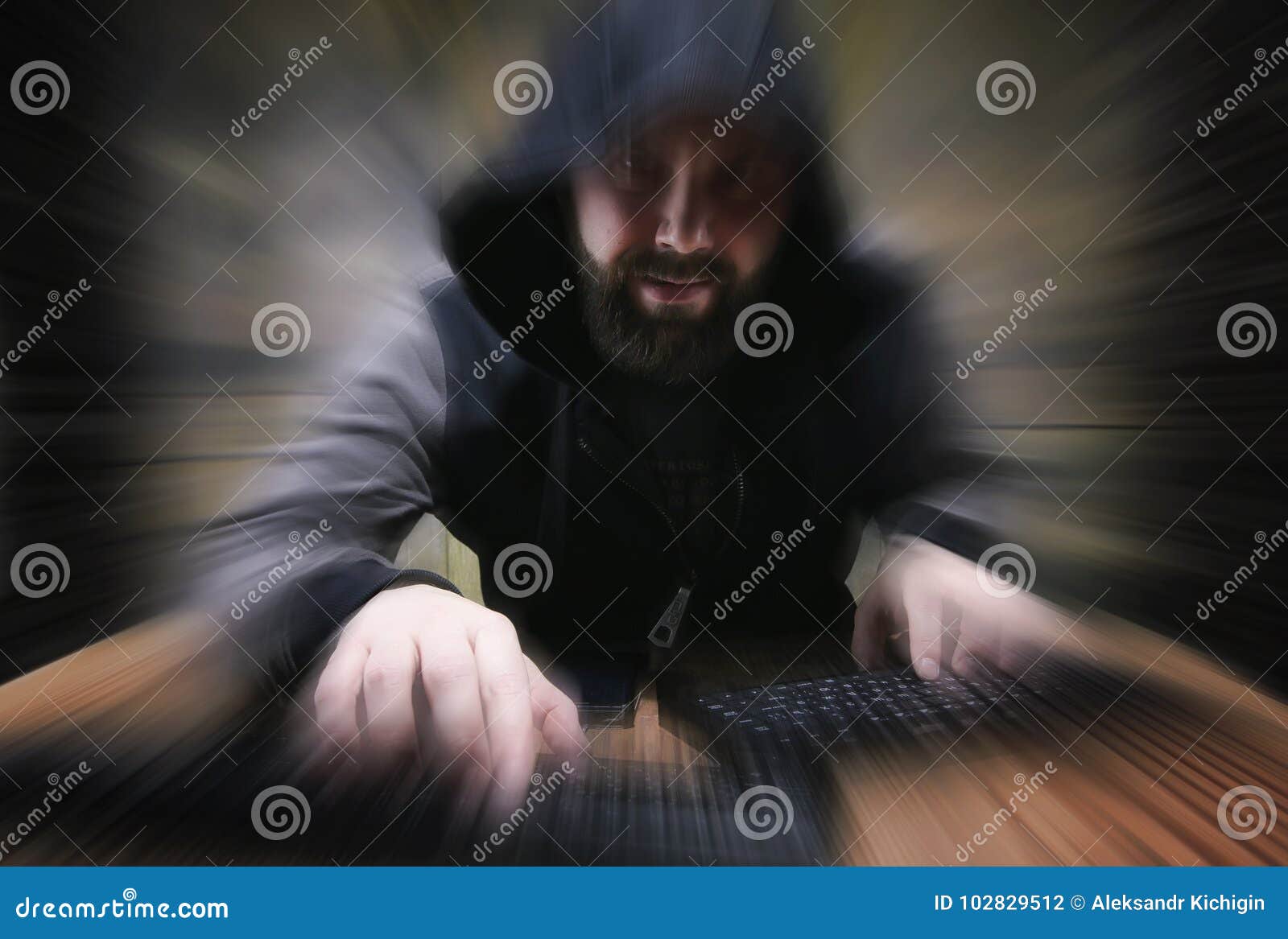 The Hacker in the Hood Sits and Works Stock Photo - Image of identity ...