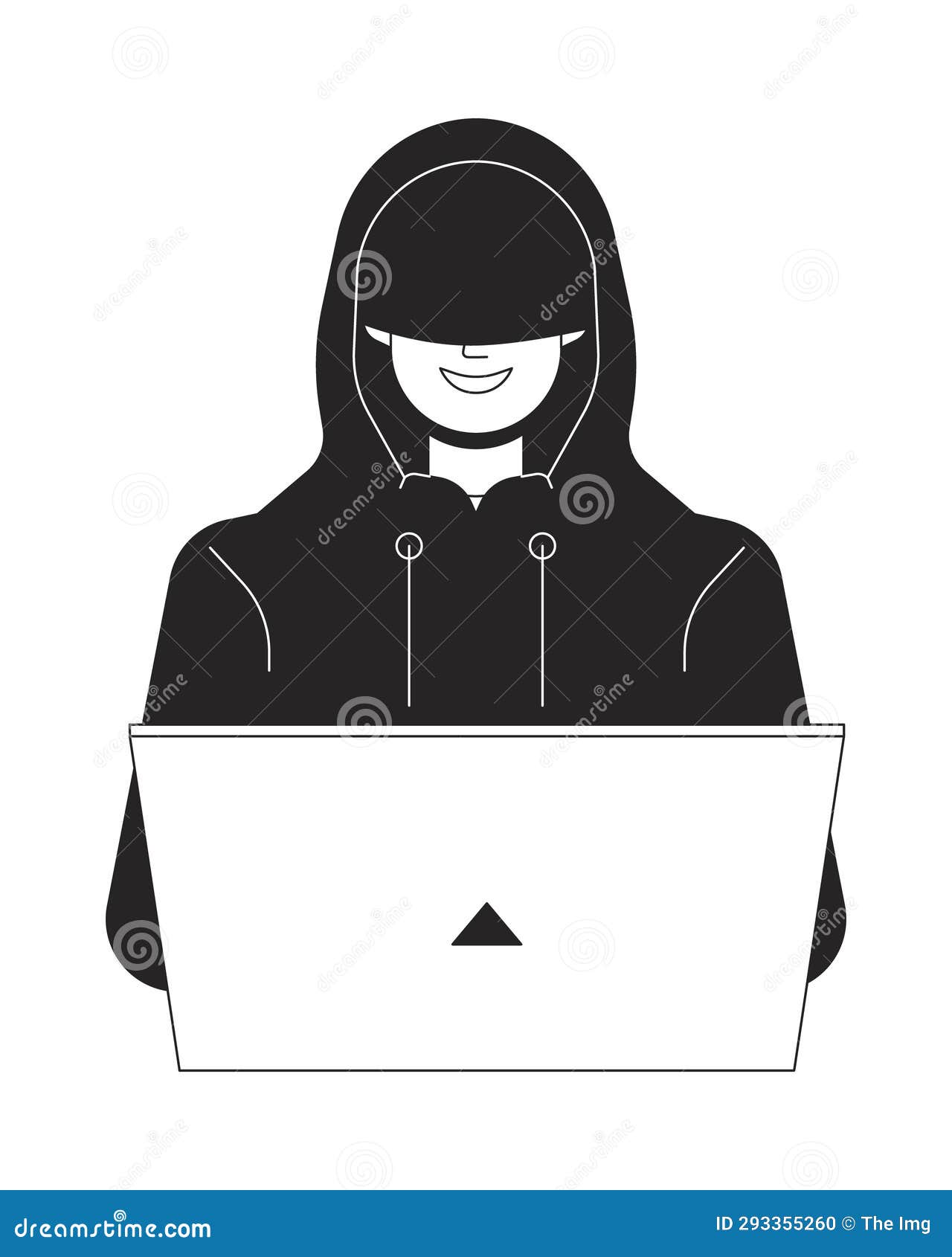 Hacker in Hood Smiling Flat Line Black White Vector Character Stock ...