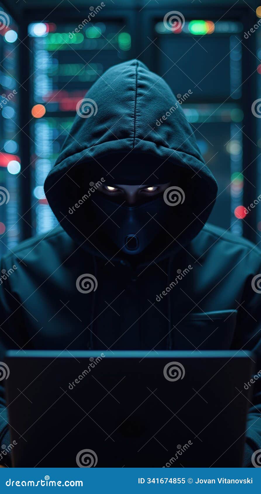 Hacker in Hood Stealing Data from Secure Server Stock Illustration ...