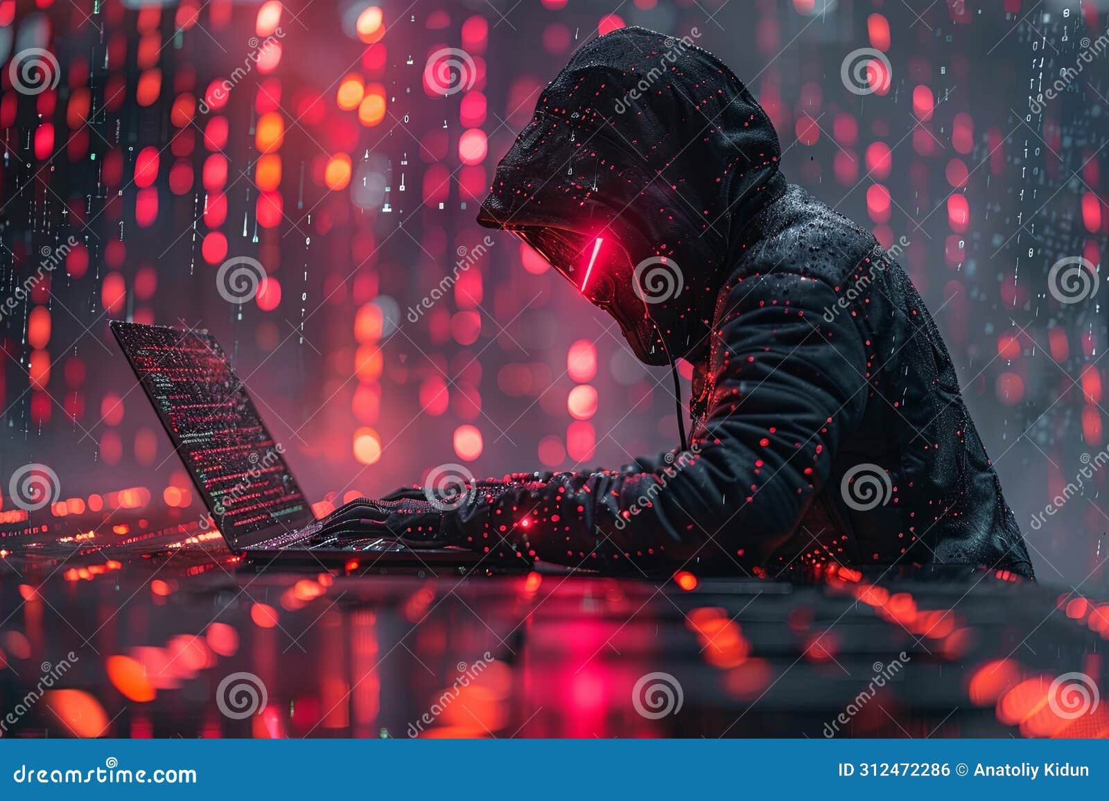 Hacker in a Hood Using a Laptop, Coding and Data on a Code Background. Digital Symbols and ...