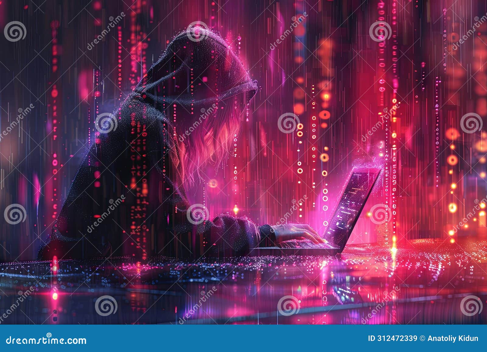 Hacker in a Hood Using a Laptop, Coding and Data on a Code Background ...