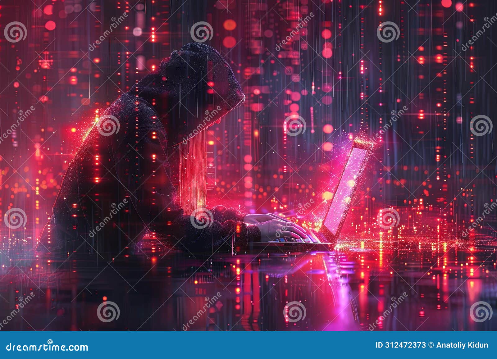 Hacker in a Hood Using a Laptop, Coding and Data on a Code Background ...
