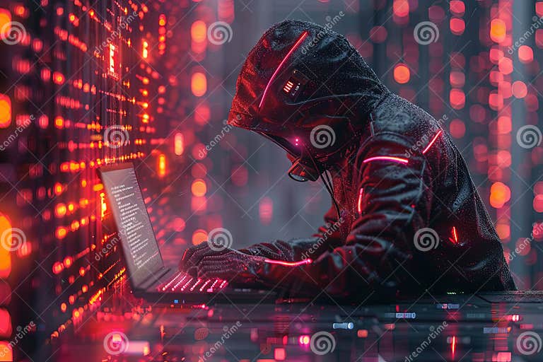 Hacker in a Hood Using a Laptop, Coding and Data on a Code Background ...