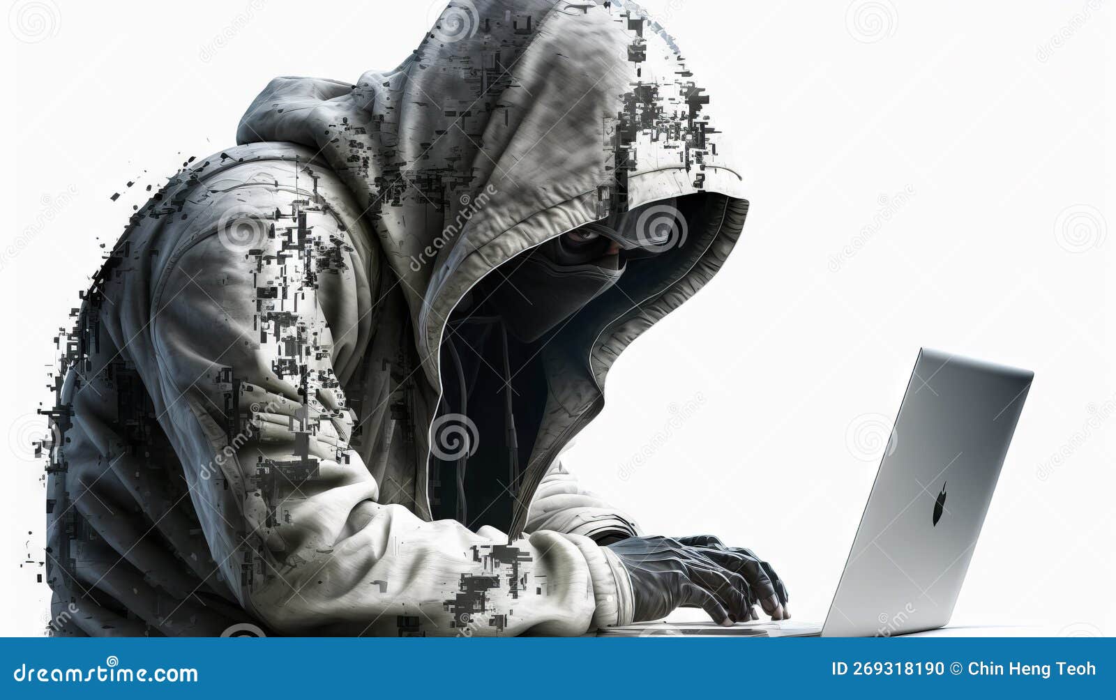 Hacker in Hood Using Laptop Computer Against White Background ...