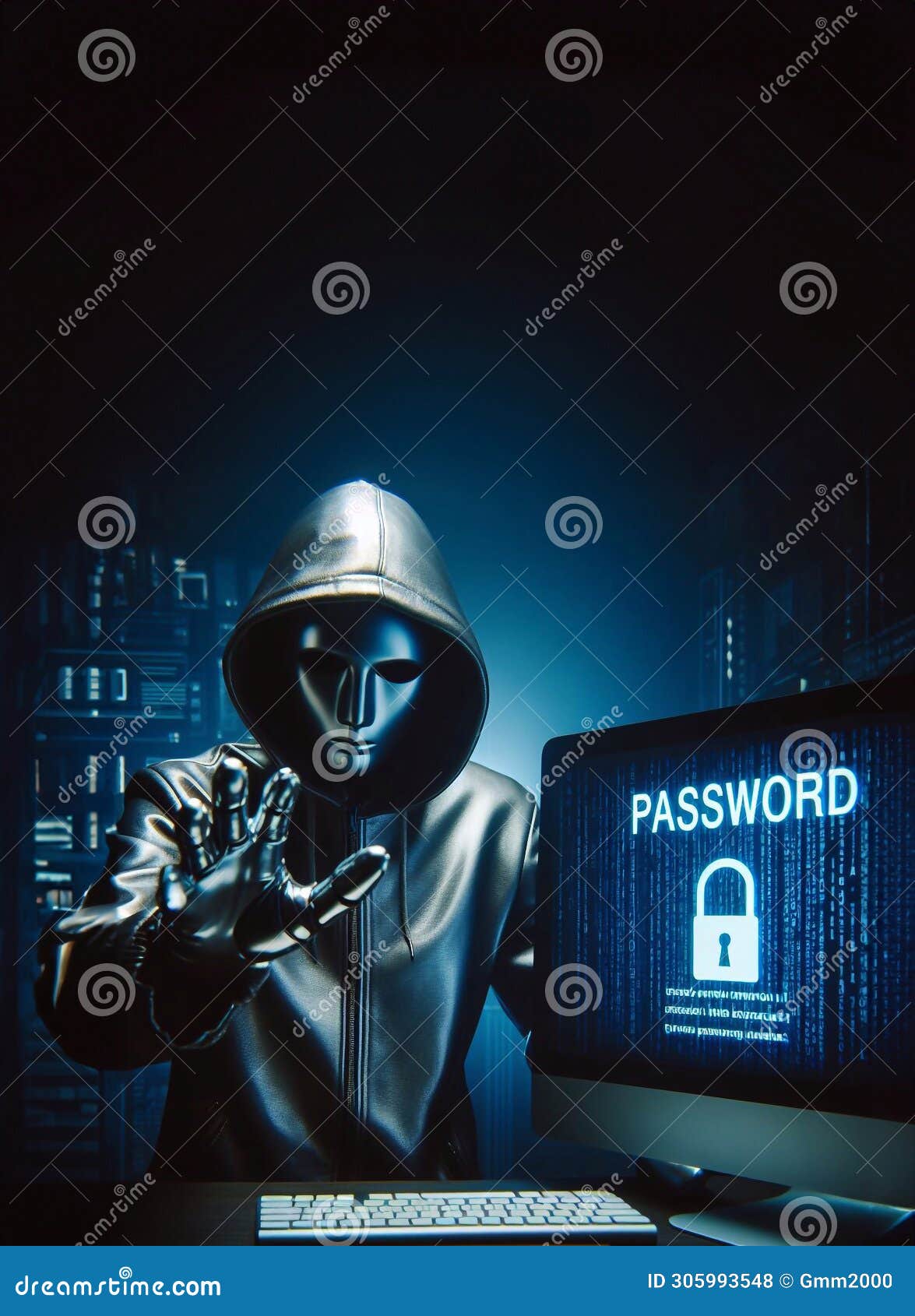 A Hacker in a Hooded Sweatshirt, Grabs the Word Password on a Computer ...