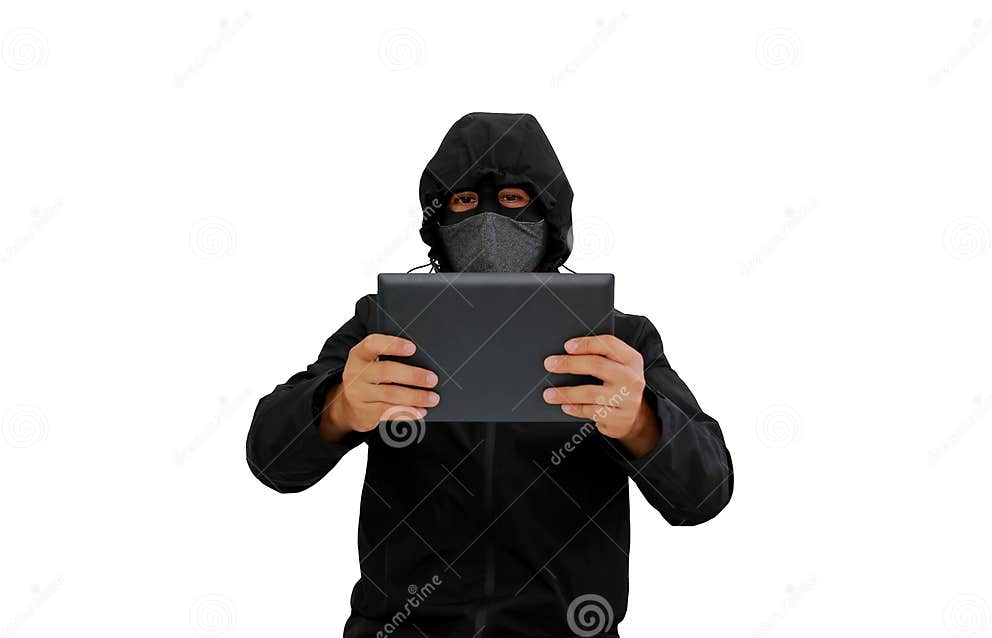 Hacker in Hooded Using Tablet To Hacking Data Isolated Over White ...