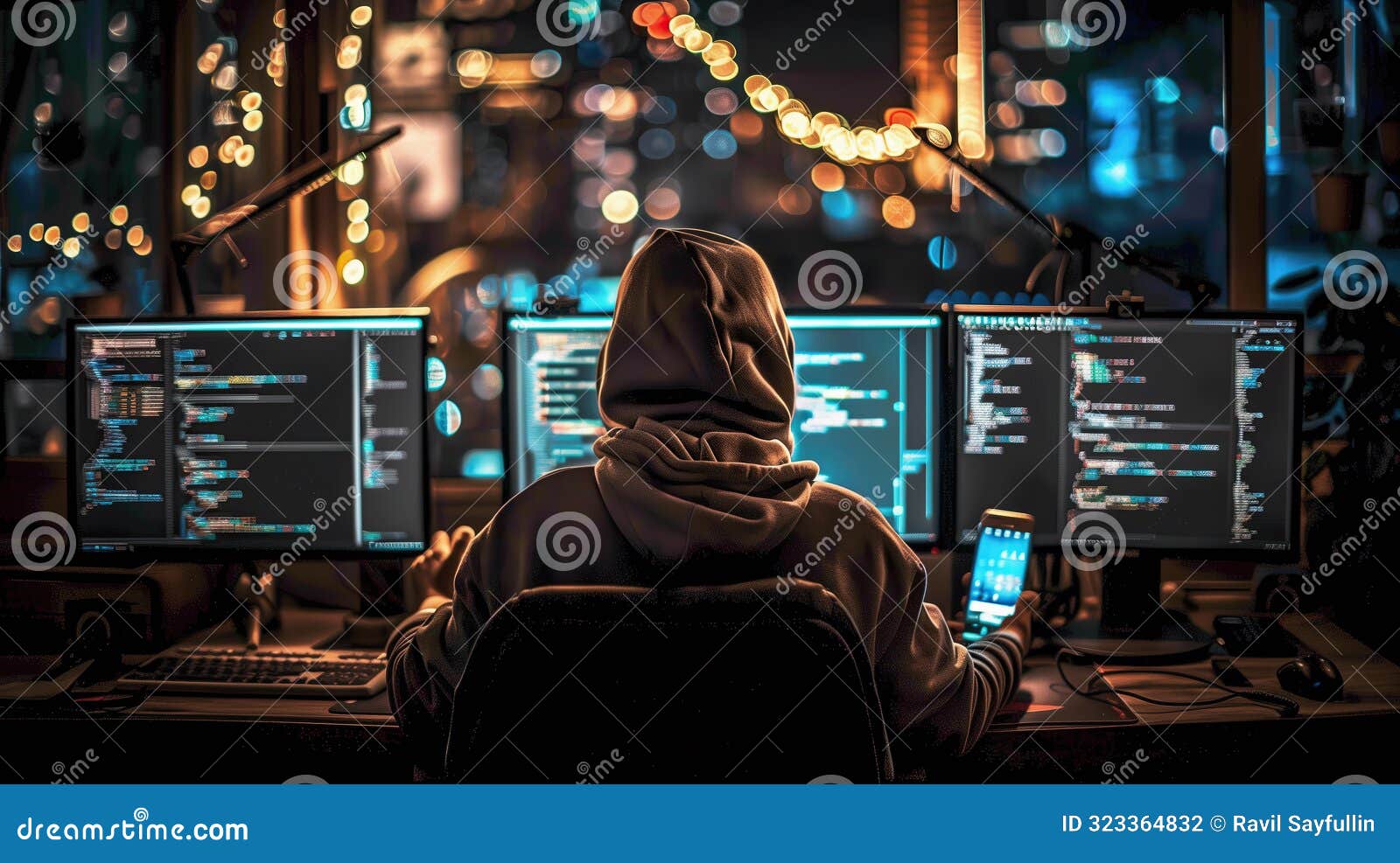 A Hacker in a Hoodie Committing Cybercrimes. Many Monitors in Front of ...