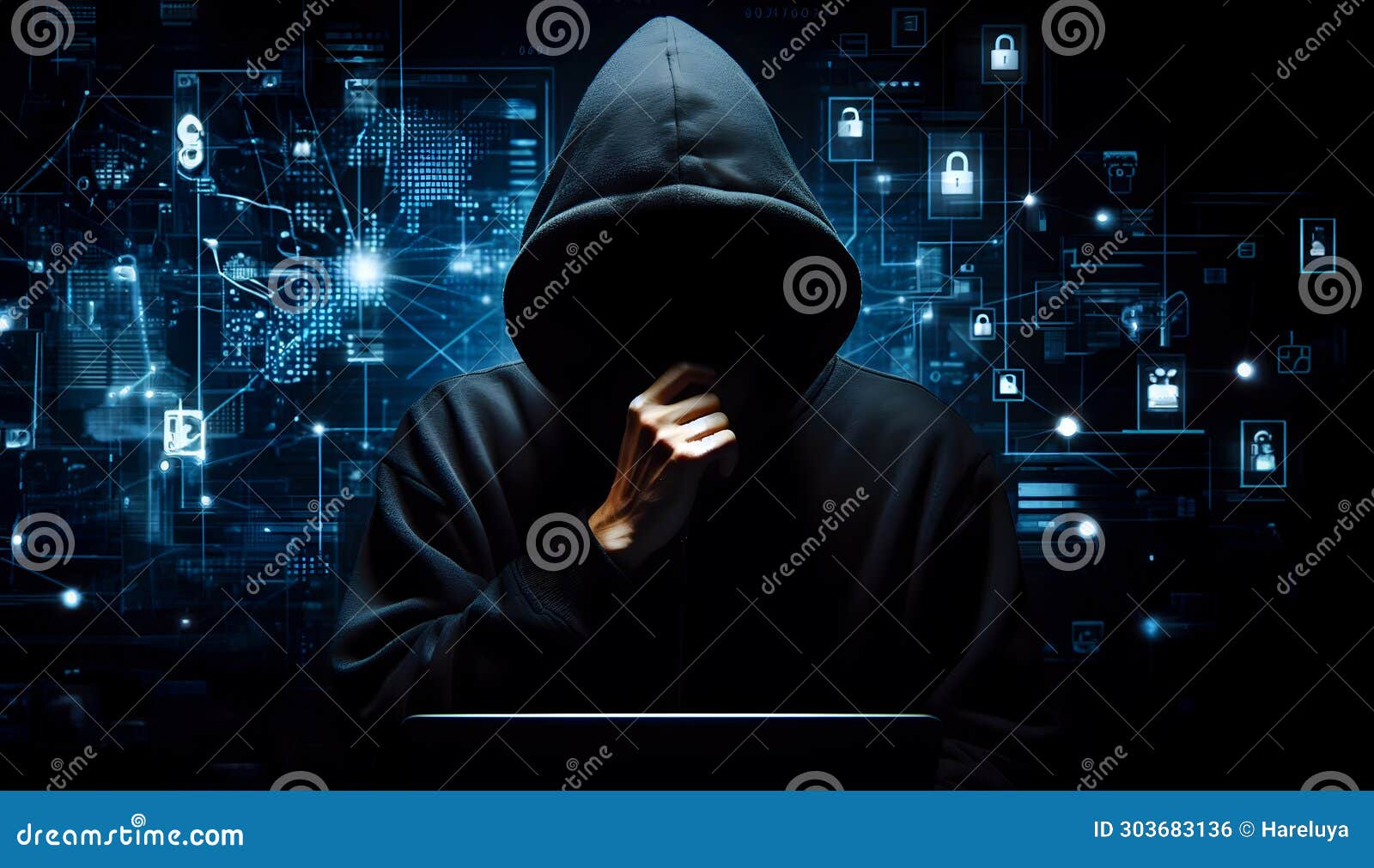 Hacker in Hoodie Dark Theme Cybersecurity Vulnerability. Generative Ai ...