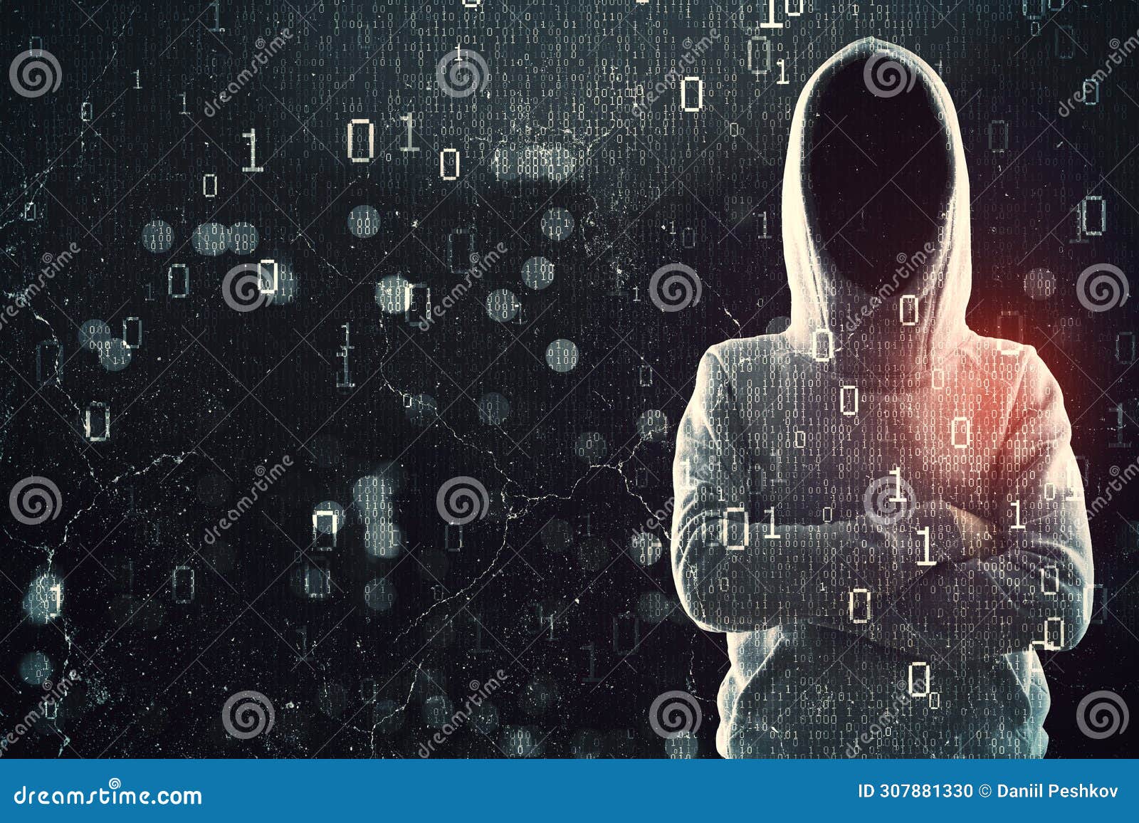 Hacker in Hoodie with Folded Arms Standing on Abstract Dark Hacking Background with Bokeh ...