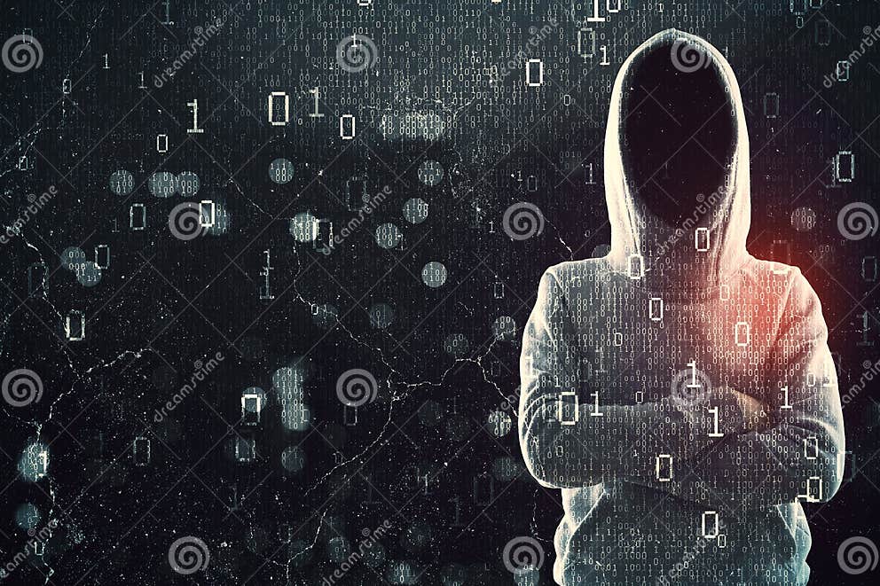 Hacker in Hoodie with Folded Arms Standing on Abstract Dark Hacking ...