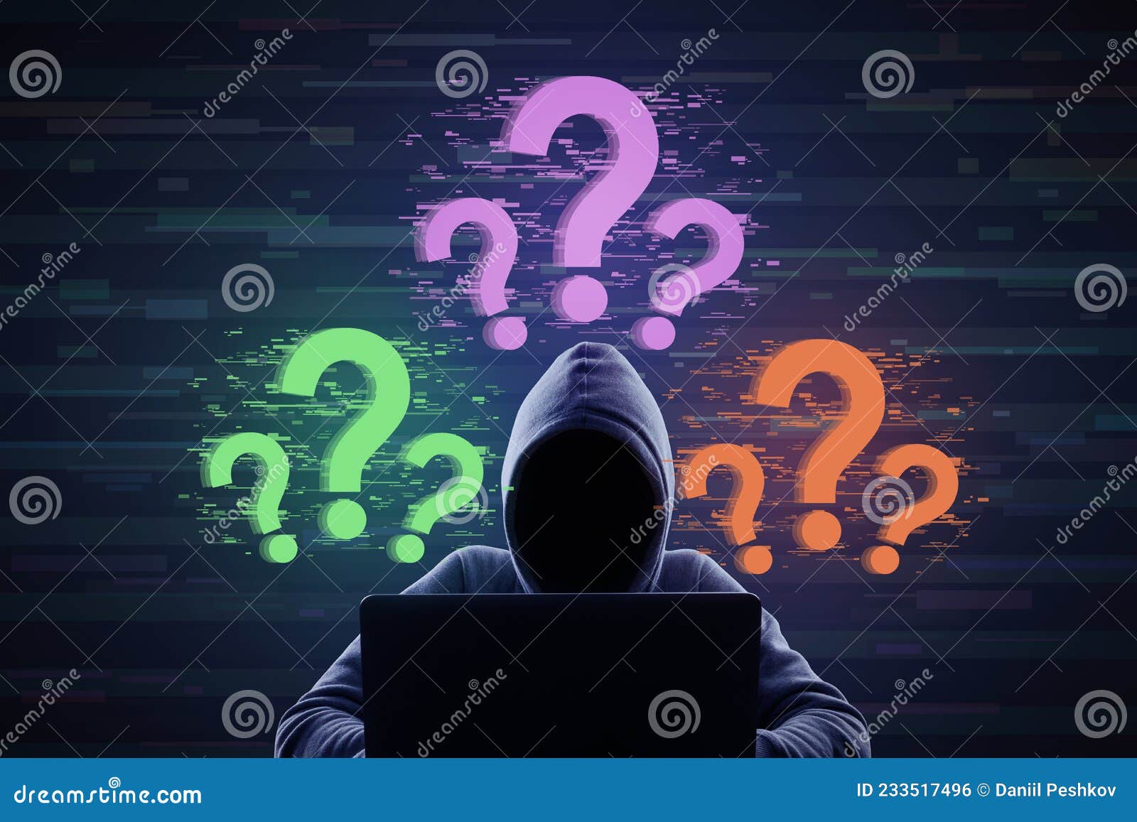 Hacker in Hoodie with Glowing Question Marks on Digital Background. FAQ ...