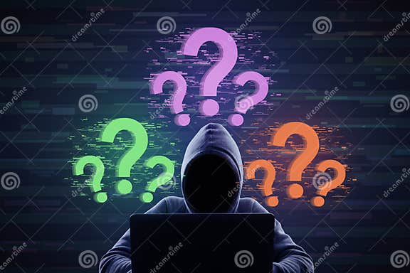 Hacker in Hoodie with Glowing Question Marks on Digital Background. FAQ ...