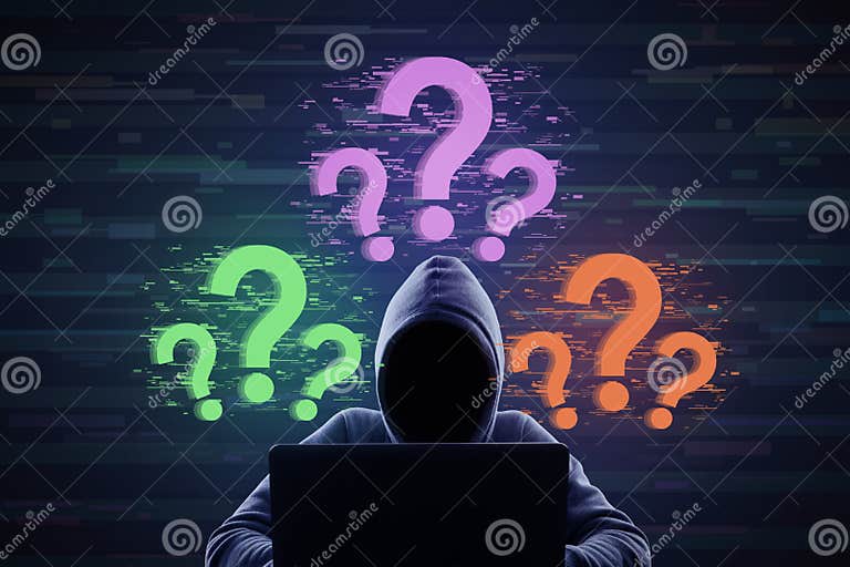Hacker in Hoodie with Glowing Question Marks on Digital Background. FAQ ...
