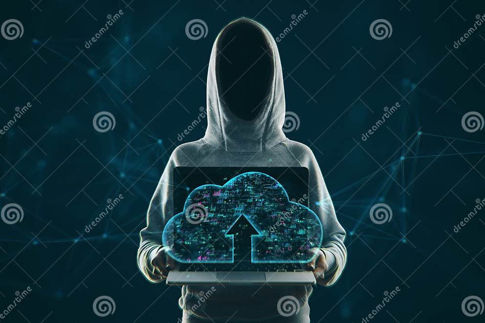 Hacker in Hoodie Holding Polygonal Cloud Icon on Laptop Screen on Dark Background. Stock Image ...
