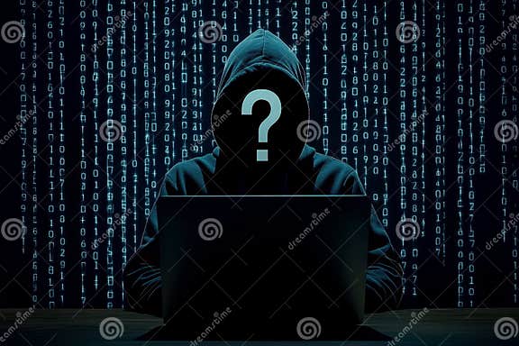 A Hacker with a Hoodie with Question Mark Symbol with Laptop Computer Technology Binary Code ...