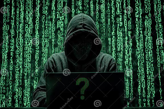 A Hacker with a Hoodie with Question Mark Symbol with Laptop Computer ...