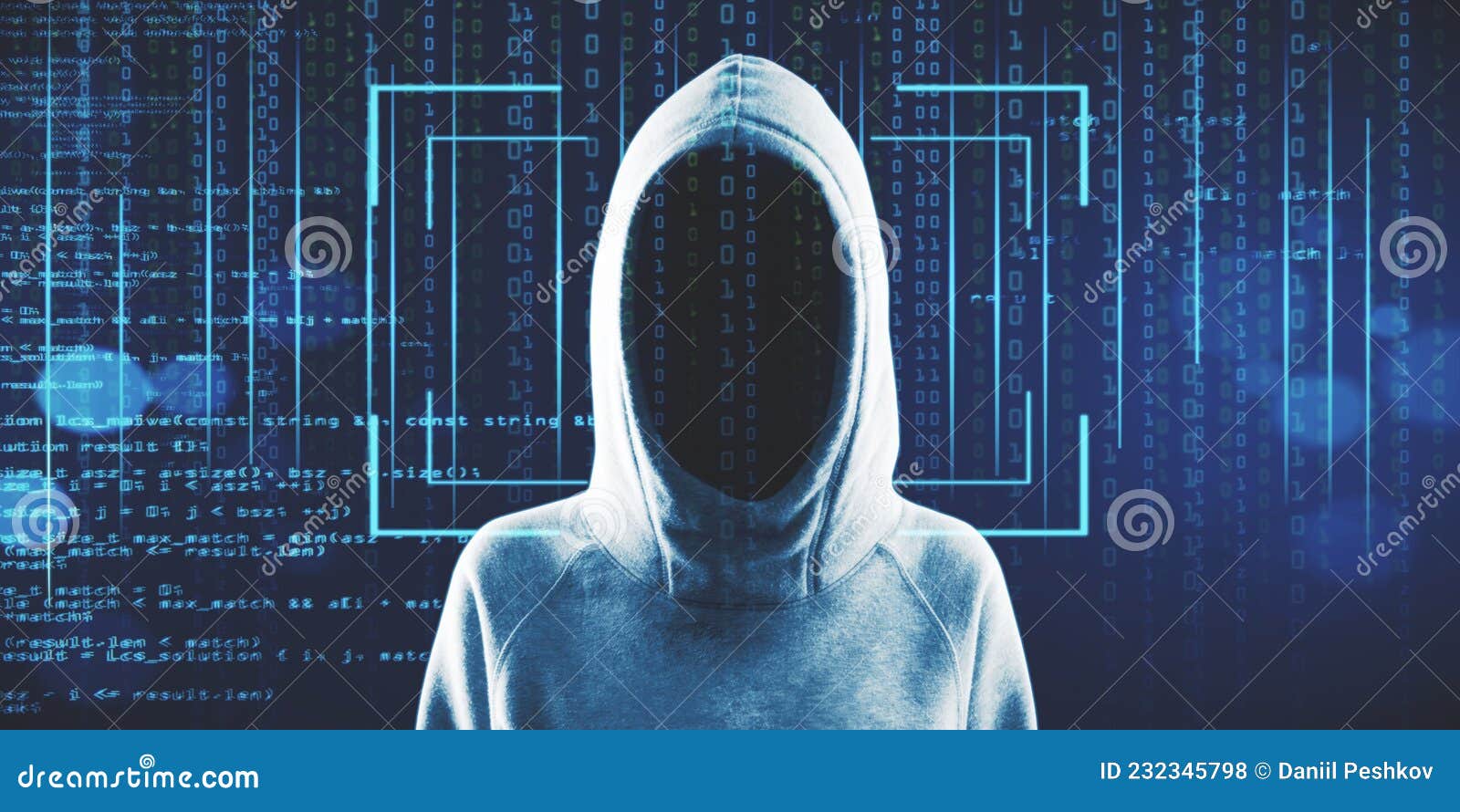 Hacker in Hoodie Standing on Abstract Binary Code Background with Face Recognition Interface ...