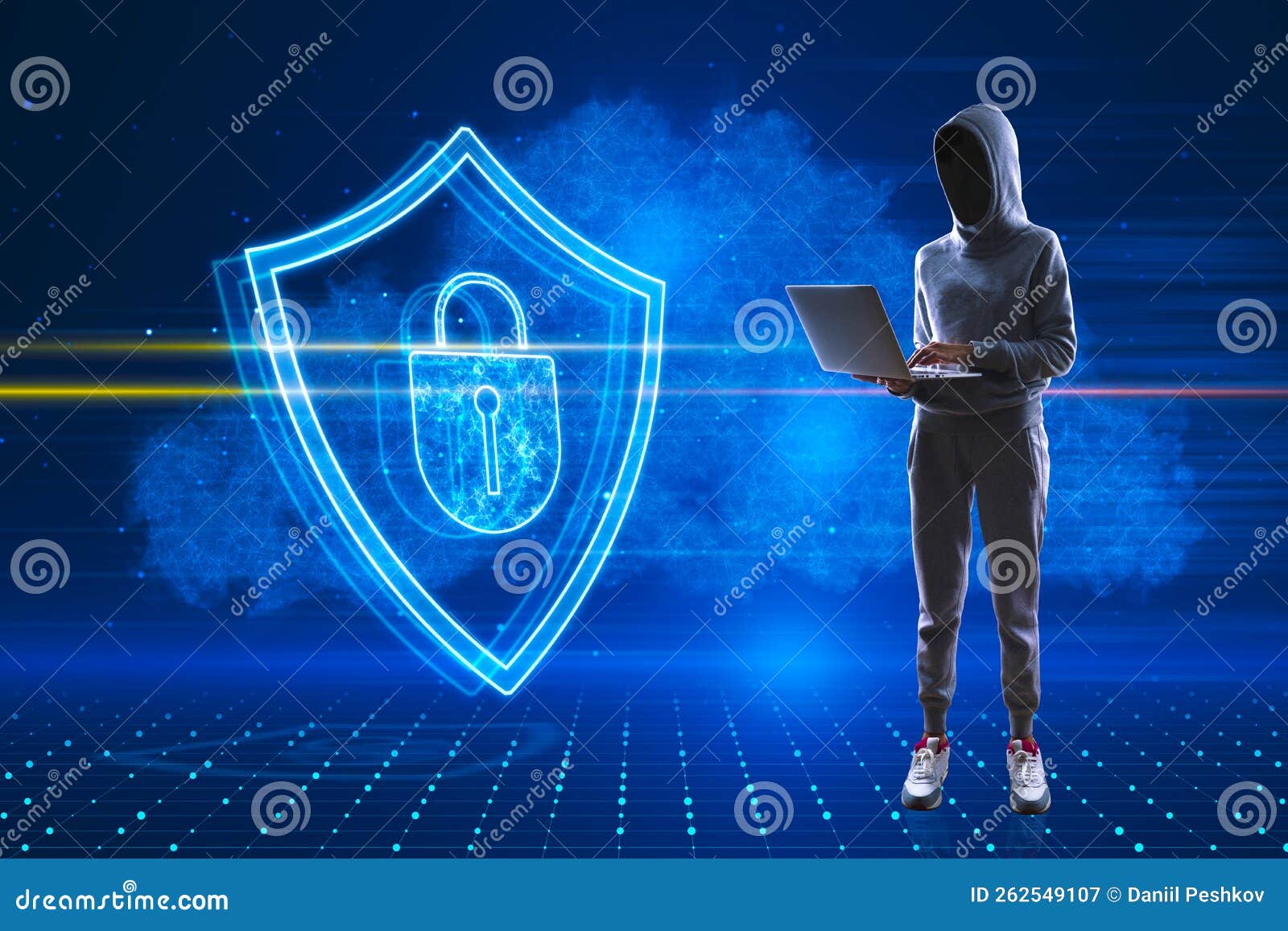 Hacker in Hoodie Standing and Using Laptop with Glowing Shield Hologram ...