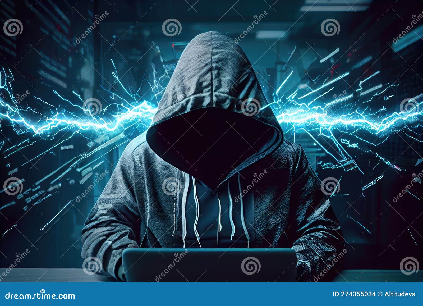 Hacker in Hoodie is Typing Code To Bring Down Network with Lightning ...