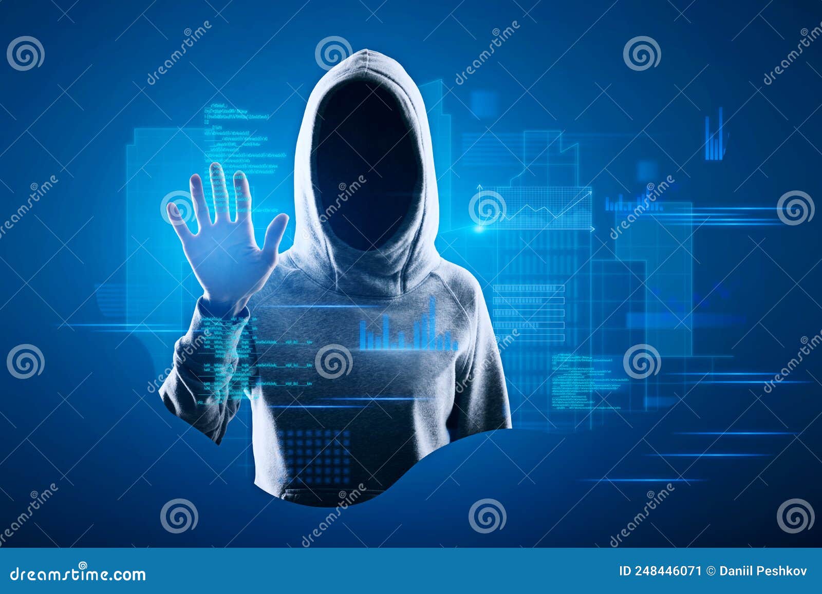 Hacker In Hoodie Using Abstract Blue Coding And Tech Information Hologram Interface Database