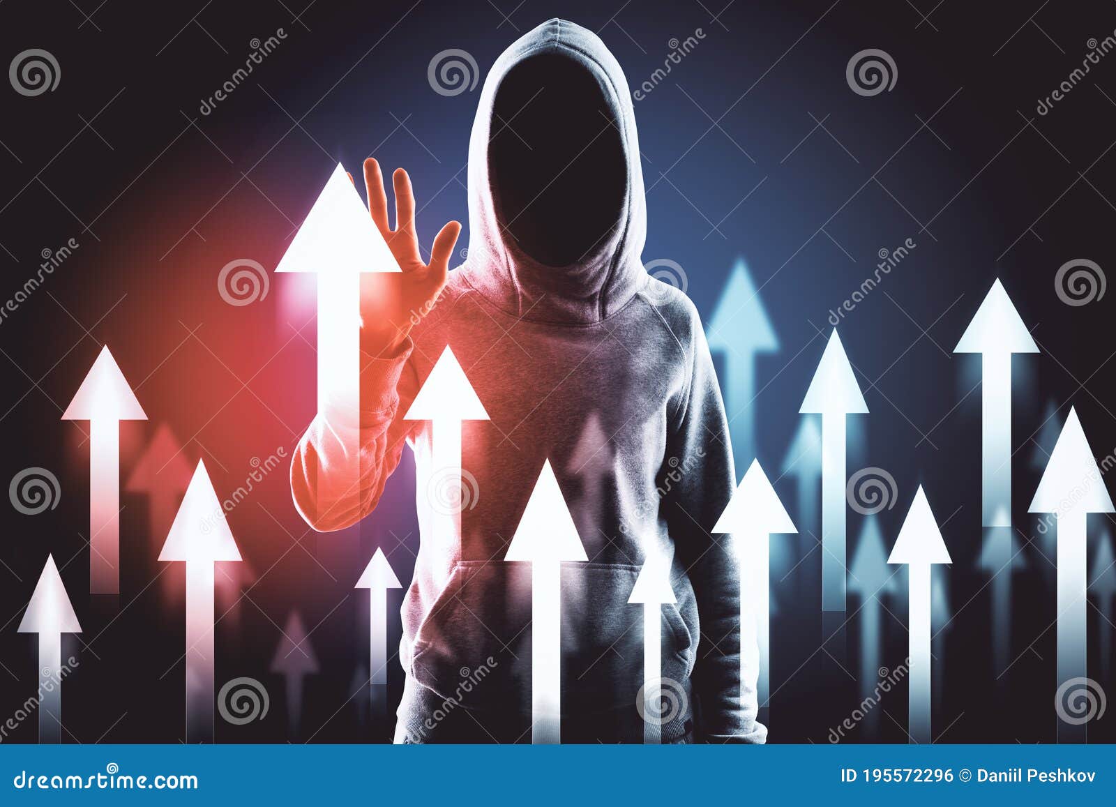 Hacker in Hoodie Using Abstract Digital Arrow Interface Stock Photo ...