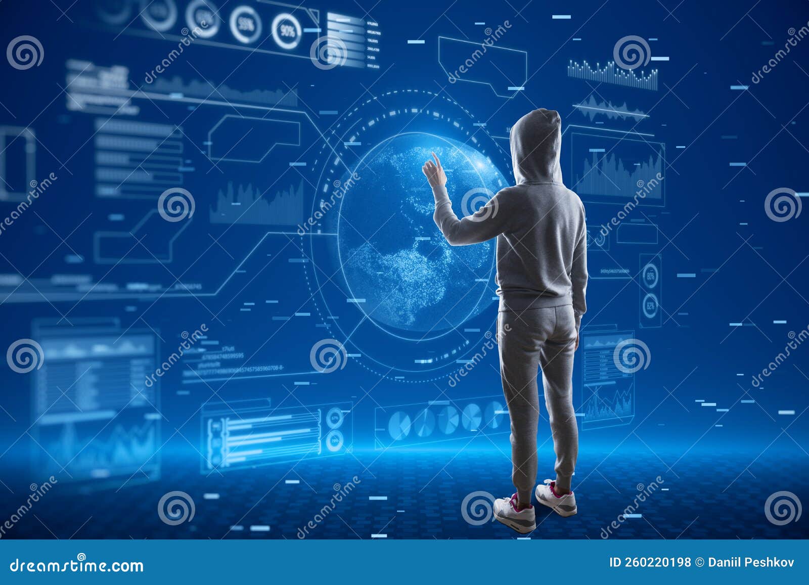 Hacker in Hoodie Using Abstract Glowing Digital Business Interface with ...