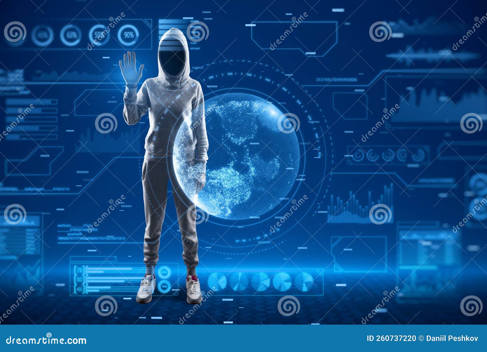 Hacker in Hoodie Using Abstract Glowing Digital Business Interface with ...