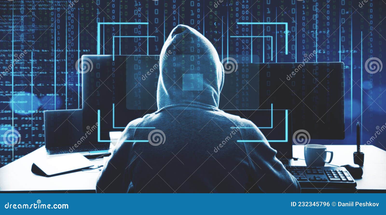 Hacker in Hoodie Using Computer at Desktop on Abstract Binary Code Background with Face ...