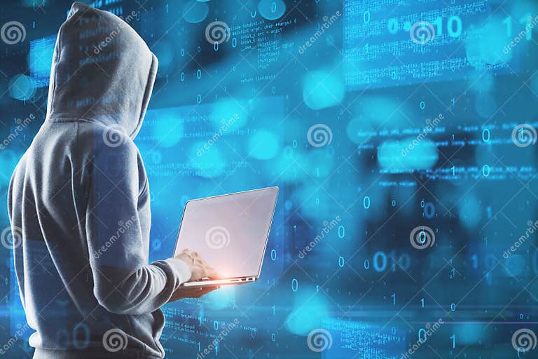 Hacker In Hoodie Using Laptop With Abstract Glowing Blue Coding Background Binary Code Theft 0560