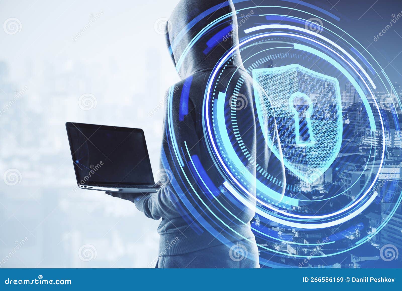 Hacker in Hoodie Using Laptop with Abstract Padlock Button on City ...