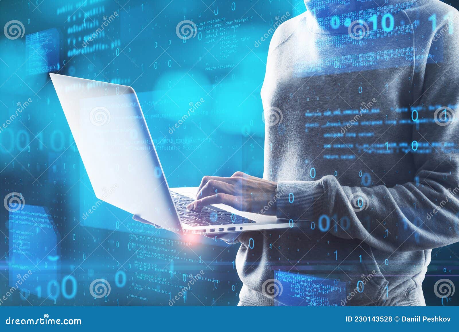 Hacker In Hoodie Using Laptop Computer With Abstract Glowing Blue Coding Background Binary Code 4759