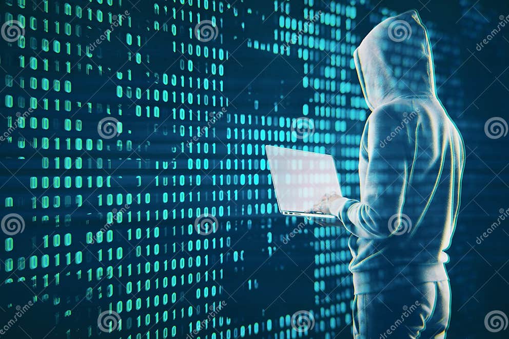 Hacker in Hoodie Using Laptop with Creative Digital Binary Code Dots ...